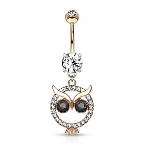 Amelia Fashion 14GA Crystal Paved Black Eyed Owl Dangle Belly Button/Navel Ring 316L Surgical Steel (Choose Color) (Rose Gold/Clear)