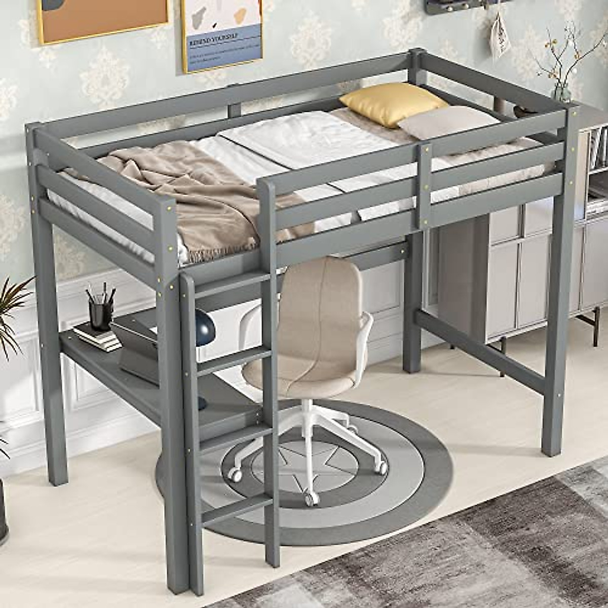 LCH Loft Bed with Built-in Desk, Solid Wood Frame for Kids Teens Adults (Twin Size, Grey)