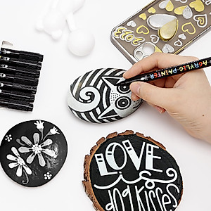 Tesquio Black and White Paint Marker, 8 Pack Dual Tip Acrylic Paint Pens with Medium Tip and Brush Tip, Ideal for Wood, Rock Painting, Canvas, Stone, Glass, Ceramic