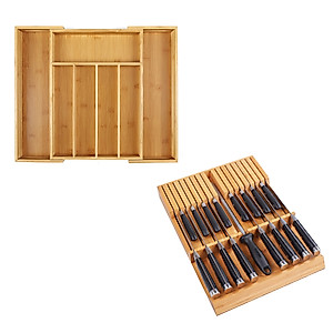Utoplike In-drawer Knife Block Bamboo Kitchen 16 Knife Drawer Organizer and Bamboo Expandable Cutlery Organizer Tray