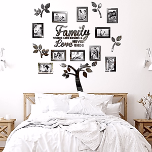 Family Tree Wall Decal Acrylic 3D DIY Mirror Sticker Photo Frames Removable Wall Art Decals Home Decorations for Living Room Bedroom Kitchen Dining Office, 47 x 47 Inch(Black)