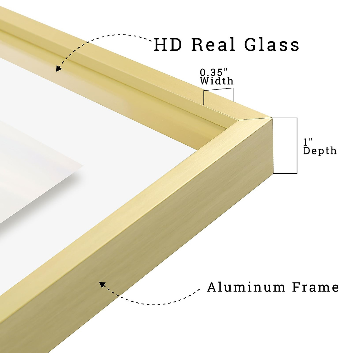 Frametory, Floating Picture Frame 11x14 - Gold Aluminum Metal Photo Frame - Real Glass of Front - for Wall Mount Displays