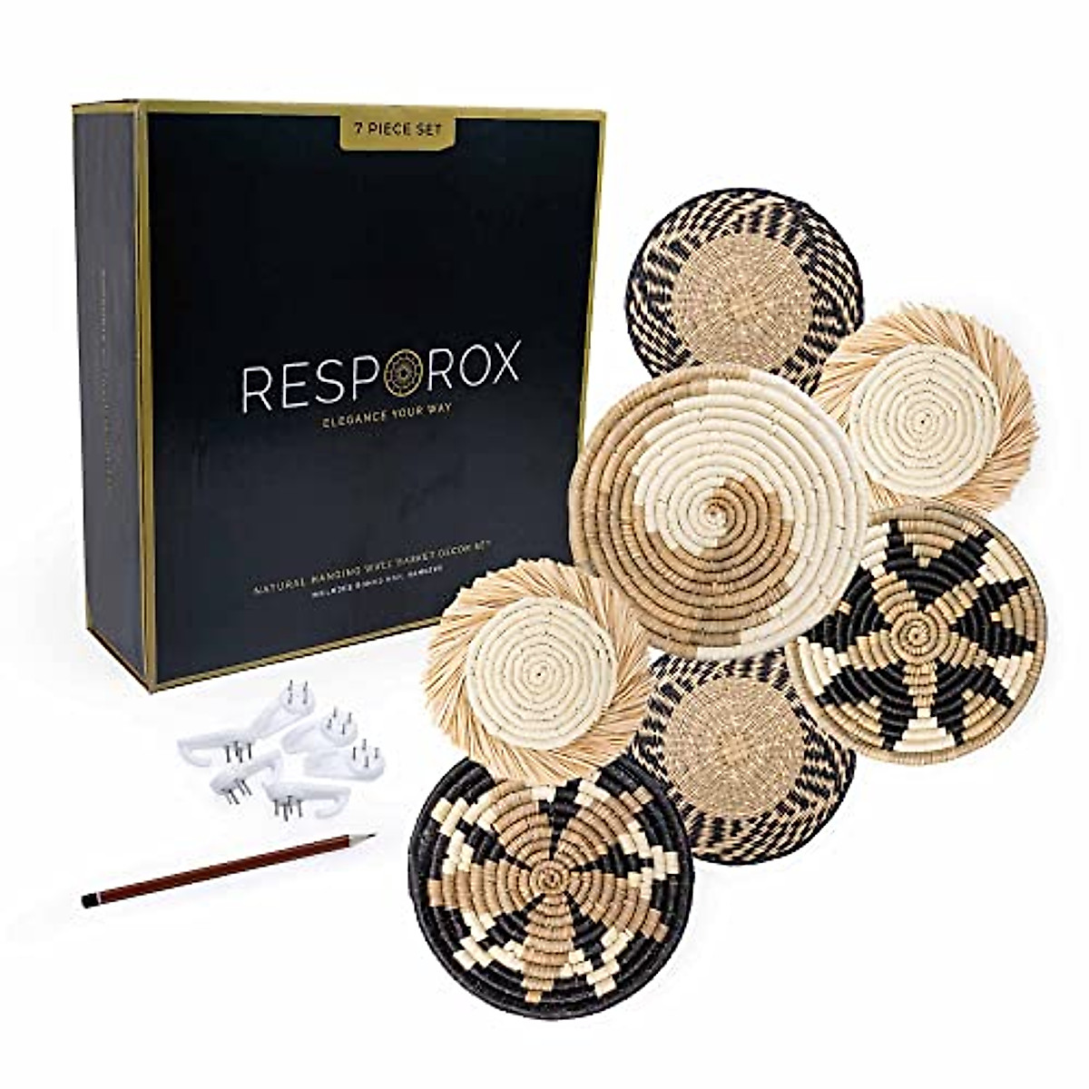 Hanging Woven Wall Basket Set - 7 Unique Handcrafted Seagrass Baskets for Boho, Farmhouse & Rustic Wall Decor, Table Settings & More - Ready to Hang with Nails & Marking Pencil Included