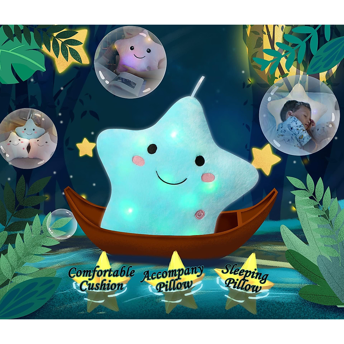 DearSun 13''Creative Twinkle Star Colorful Night Light Plush Pillows Light up Night Stuffed Toys Perfect for Birthday Christmas Holiday Valentines (Blue)