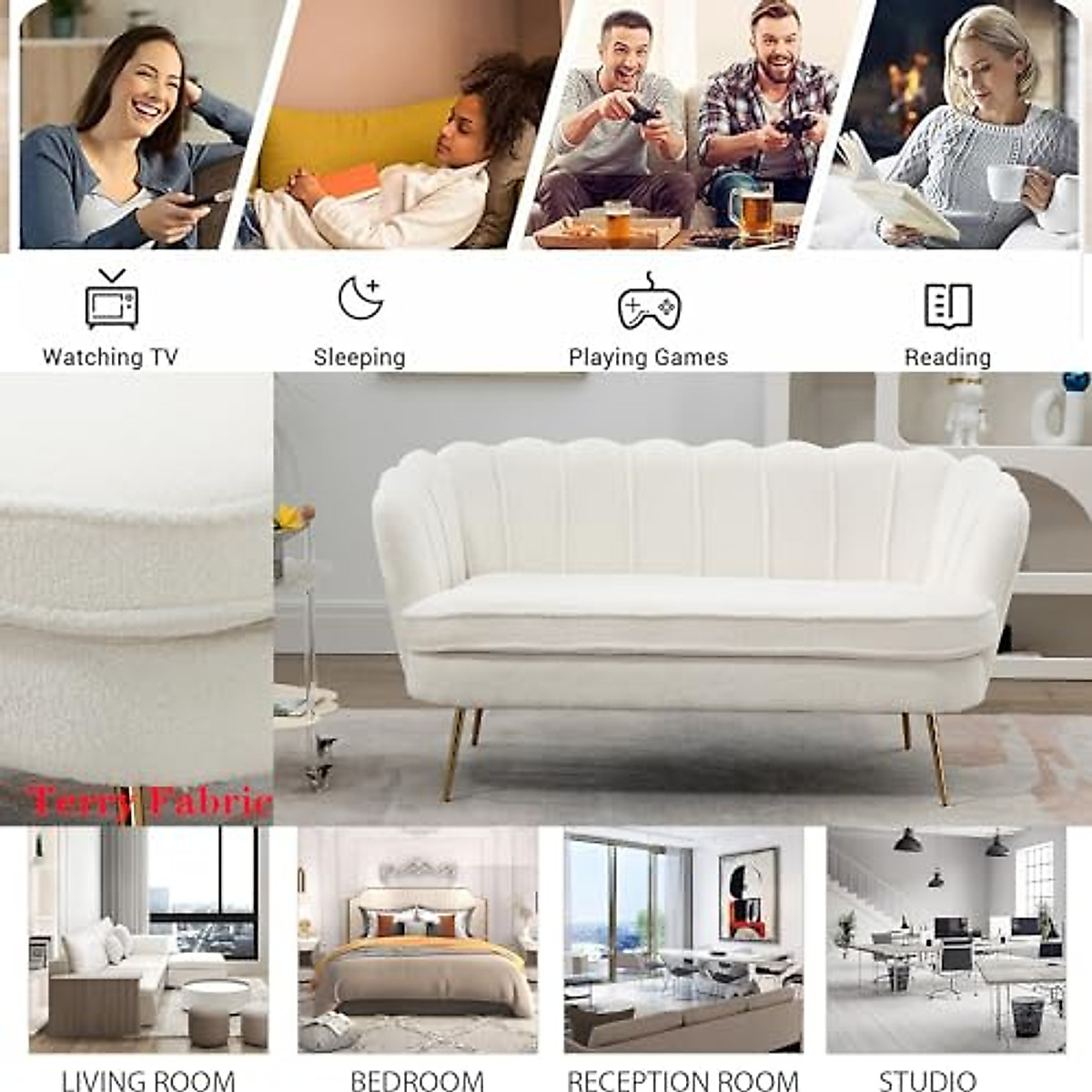 Modern Boucle Loveseat Couch,Futon Small Sofa with Gold Metal Legs ,2-Seater Upholstered Mini Sofa Couches for Small Space,Living Room Bedroom Office Dorm Studio Apartment Love Seat Couche(White)
