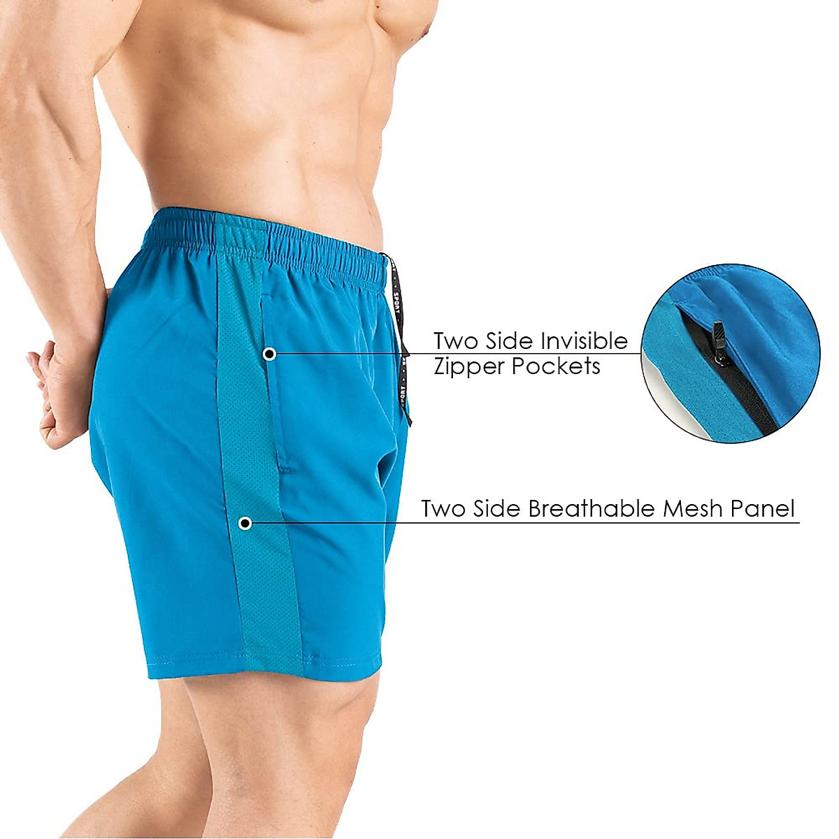 Gaglg Men's 5" Running Shorts 2 Pack Quick Dry Athletic Workout Gym Shorts with Zipper Pockets Light Blue/White,Large