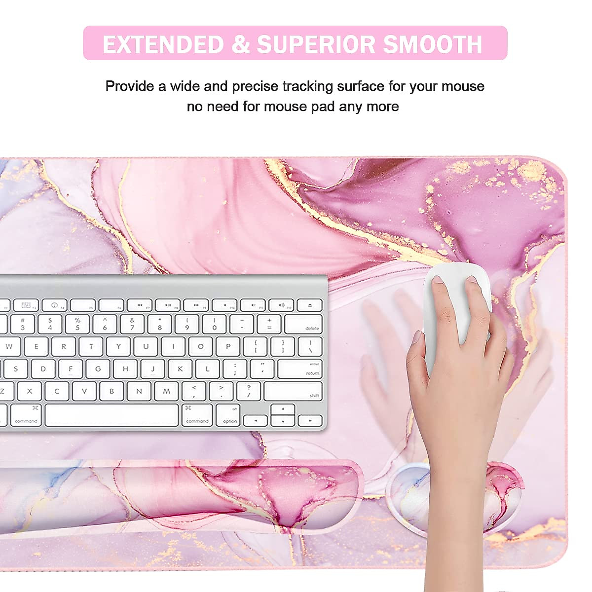Keyboard Mouse Pad Set, Extended Mouse Pad+Keyboard Wrist Rest Support, Memory Foam Ergonomic Easy Typing, 3Pcs (35.4×15.7 in) Desk Pad Set for Home Office Study Game- Pink Marble