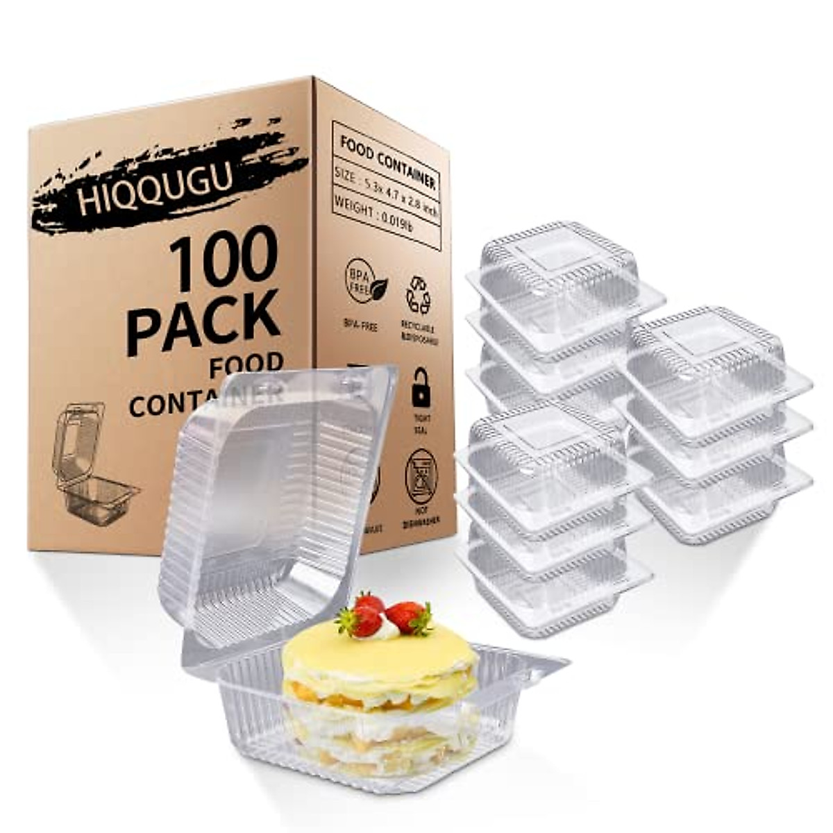 HIQQUGU 100 PCS Plastic Hinged Take Out Containers Clamshell Take Out Tray, Clear Plastic Take out Containers, for Sandwiches, Salads, Hamburgers, (5x4.7x2.8 in)