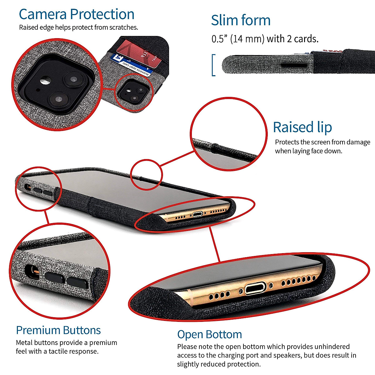 Dockem iPhone 11 Wallet Case: Built-in Metal Plate for Magnetic Mounting & 2 Card Holders (6.1" Luxe M2 Synthetic Leather, Black & Grey)