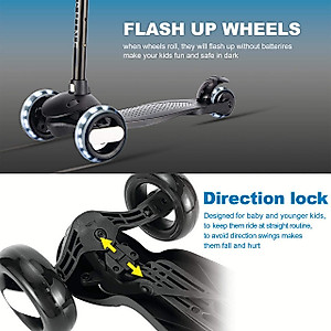 Kick Scooter for Kids with 3 Big Light Up Wheels, Lean to Steer, Adjustable Height, Wheel Scooter for Boys Girls Toddler (Black)