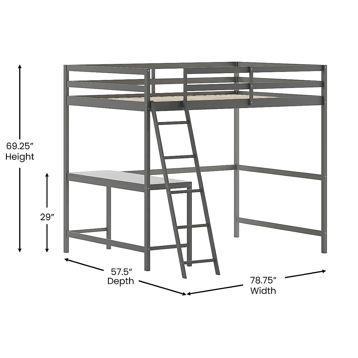 BizChair Loft Bed Frame with Desk - Light Gray Wood Slats - Full Size - Protective Guard Rails & Ladder - Kids and Teens - Space Saving Design