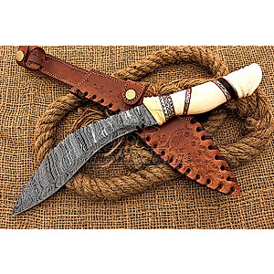 HUNTEX Unique Custom Handmade Hand Forged Damascus Steel 15 Inch Long Full Tang Camel Bone Handle Razor Sharp Hunting Camping Kukri Knife with Genuine Leather Sheath