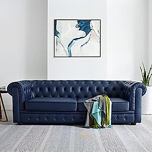 Modern Classic Sofa BIGMAII Blue Faux Leather Upholstered Chesterfield 3 Seater Couch Rolled Arm Loveseat for Living Room - 75" L