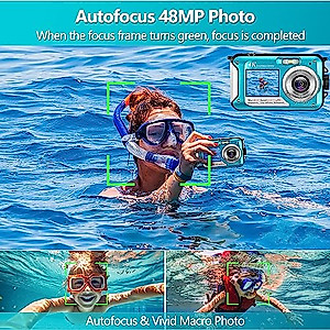 4K Waterproof Camera 11FT Underwater Camera with 32GB Card 48MP Autofocus Selfie Dual-Screen Underwater Cameras for Snorkeling, Waterproof Compact Digital Camera 1250mAh Battery（Blue）