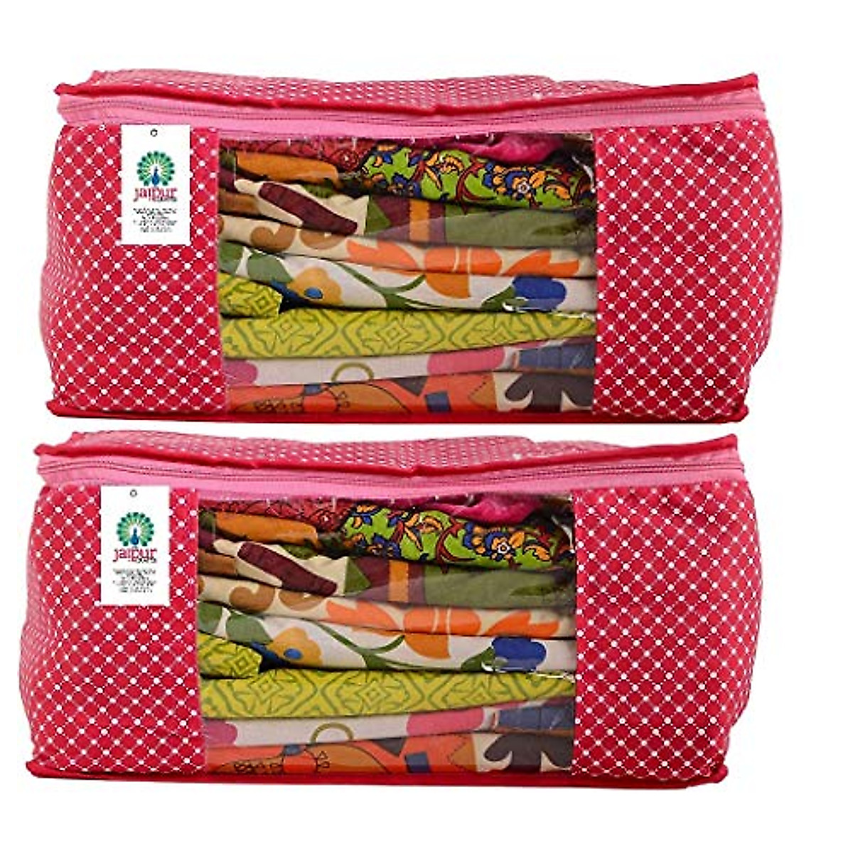 JaipurCrafts Quilted Polka Dots Cotton Saree Cover Set/Saree Storage Bag, Pink (40 x 30 x 20 cm)-Pack of 2