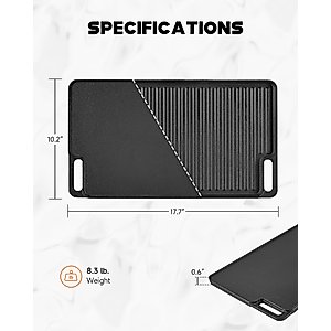 DARTMOOR 2-in-1 Reversible Cast Iron Griddle, 18 in Pre-Seasoned Cast Iron Grill Pan with Pan Scrapers, Double Side Rectangular Frying Pan with Non-Stick Surface, Indoor & Outdoor Use
