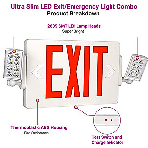Ultra Slim Red Combo Exit Sign with Emergency Lights,120-277V Double Face LED Combo Emergency Light with Adjustable Two Head and Backup Battery Commercial Grade, UL Certified, 5 Years Warranty- 2 Pack