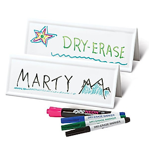 Trainers Warehouse Heavy Duty Premium Set of 30 Dry-Erase Name Cards | Space-Saver (8.75" x 3") 2-Sided Reusable White, Dry-Erase Tent | Set Includes, Name Cards, Markers, Mini-Erasers & Tote