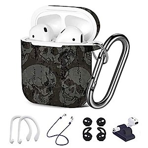 [ Compatible with Apple AirPods 1 & 2 ] 7 in 1 AirPods Accessories Set - TPU Gel Protective Case/Carabiner Keychain/Ear Hooks/Strap/Watch Band Holder - (Skulls Grunge Pattern)