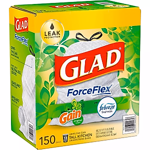 GLAD ForceFlex Tall Kitchen Drawstring White Trash Bags, Gain Original Scent with Febreze Freshness (13 gal, 150 ct.)
