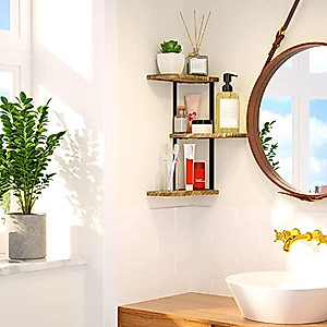 Love-KANKEI Corner Shelf Wall Mount of 3 Tier Rustic Wood Floating Shelves for Bedroom Living Room Bathroom Kitchen Office and More Carbonized Black