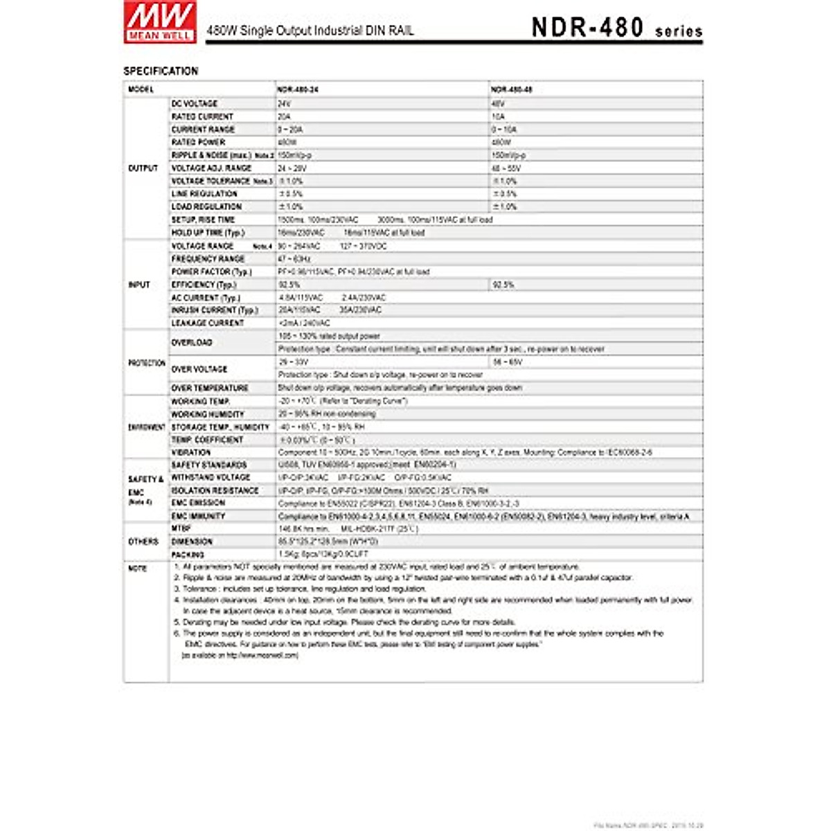 MEAN WELL Industrial DIN Rail Power Supply with PFC, 48 Volt 10 Amp 480 Watt - NDR-480-48