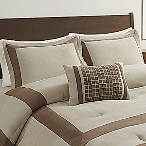 Madison Park Darcey Cozy Comforter Set, Faux Suede, Deluxe Hotel Styling All Season Down Alternative Bedding Matching Shams, Decorative Pillow, Full/Queen(90 in x 90 in), Border Taupe 4 Piece