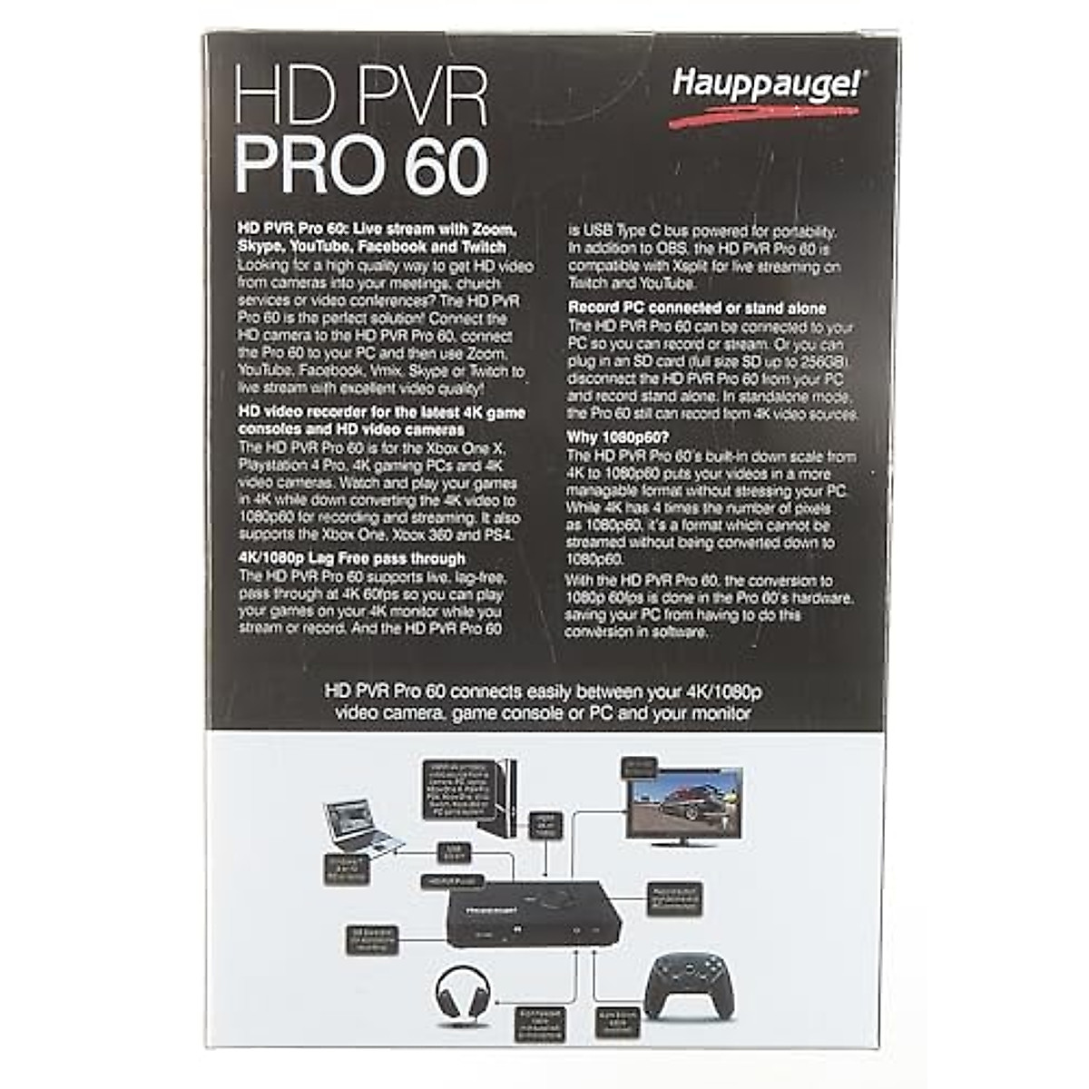 HAUPPAUGE HD PVR Pro 60 HD 4K in/Out 1080P 60fps Capture and Streaming PC Connected and Stand Alone for Zoom Skype YouTube Live and Twitch 1684
