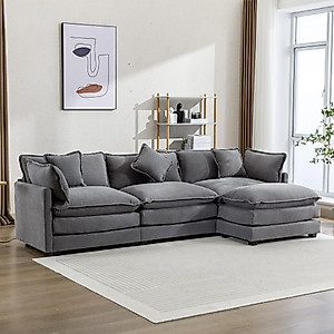 LyuHome 112.2" Sectional Sofa for Living Room, Convertible L-Shape Couch Modular 4 Seater Sofa Couch with Ottoman, 5 Pillows, Grey