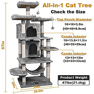 NEGTTE Cat Tree Tower for Indoor Cats,67 inches Extra Large Multi-Level Cat Condo with Sisal Scratching Posts for Large Cats Kitty Play House,Light Gray