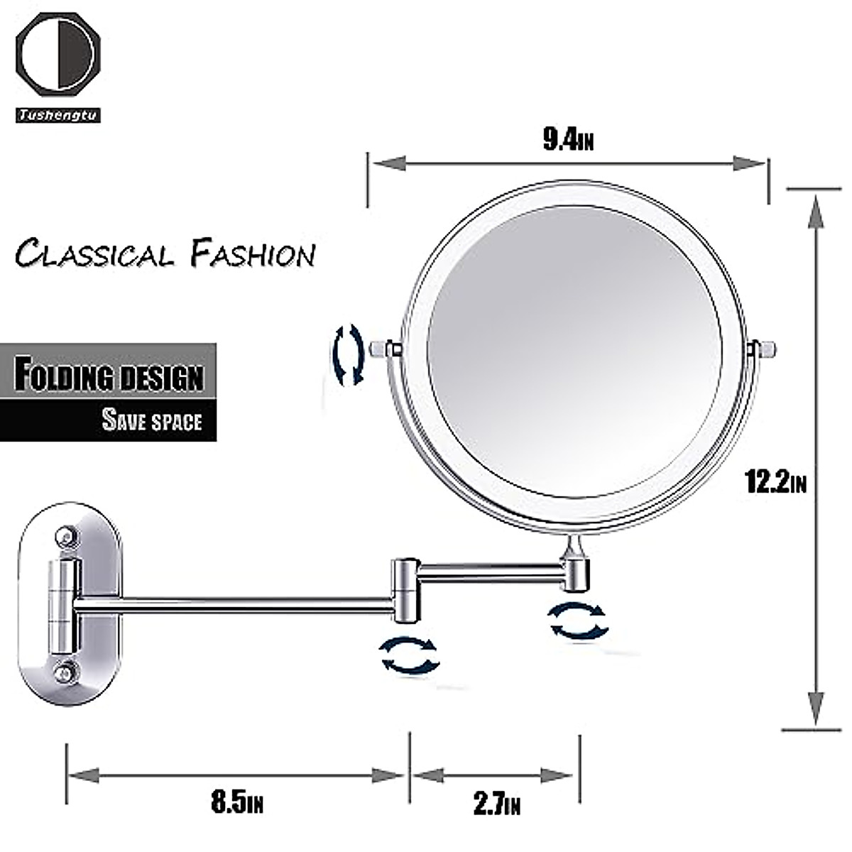 Tushengtu 8”Wall Mounted Makeup Mirror with Intelligent Light Control-10X Magnification, Rotatable Mirror, Adjustable Brightness and Color Temperature