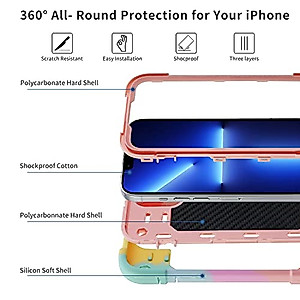 Cookiver iPhone 13 Pro Max 6.7" Case: Ring Stand, 2 Glass Screen Protectors, Camera Lens Protector - Heavy-Duty & Shockproof (Rainbow Pink)
