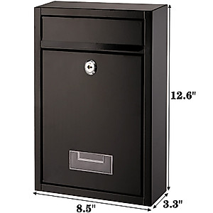 DEAYOU Wall Mount Mailbox, Steel Cover Metal Drop Box, Mail Box with Key Lock, Dropbox with Slot for Envelope, Home, Office Business, Decor, Black