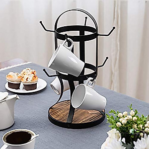MyGift Rustic Black Metal Coffee Mug Rack with Burnt Wood Base and 8 Hooks