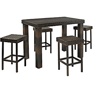 Crosley Furniture Palm Harbor 5-Piece Outdoor Dining Set for 4, Counter Height Wicker Patio Table and Stools, Brown
