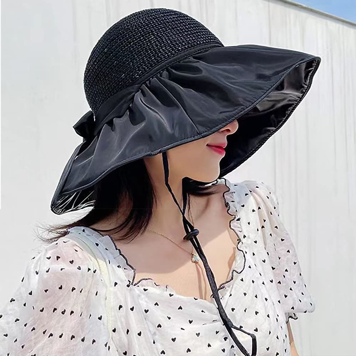 Women's UPF 50+ UV Sun Protection Breathable Wide Brim bowknot bucket hat Sun Hat (H-Black)