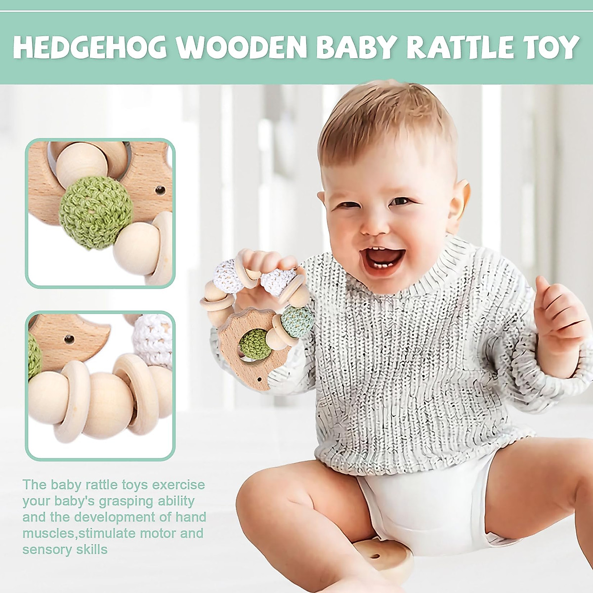 6 Pieces Toy Set- Wooden Baby Toys for Babies 0-6 Months,Wooden Toys for Babies Rattles with Bells,Wooden Rattles Push Car,Wood Rattle Toys Gifts for Boys Girls,Montessori Toys for Babies 0-6 Months