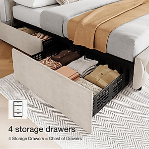 IDEALHOUSE Queen Size Bed Frame with 4 Storage Drawers, Linen Upholstered Platform Bed Frame with Adjustable Headboard, Diamond Stitched Button Tufted, No Box Spring Needed, Off White