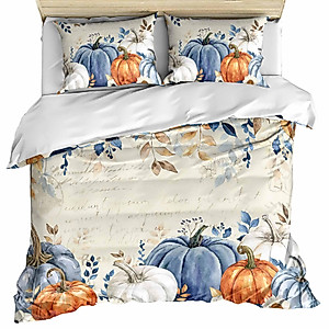 DecorLovee Fall Blue Pumpkins Duvet Cover Set 3 Pieces, Thanksgiving Orange Gray Botanical Rustic Bedding Sets 1 Duvet Cover & 2 Pillow Cases, Comforter Cover Set Duvet Cover California King