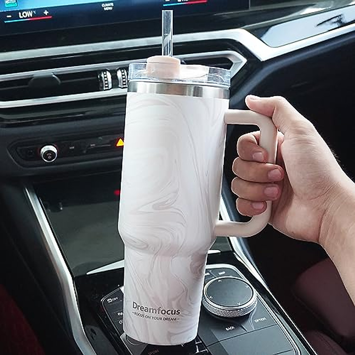 Dreamfocus 40 oz Swirl Rose Quartz Tumbler with Handle Straw and Lid Insulated Stainless Steel Water Bottle Cup Travel Coffee Mug