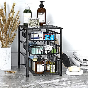 Simple Houseware 3-Tier Stackable Sliding Basket Storage Organizer Drawer for Bathroom and Kitchen, Black