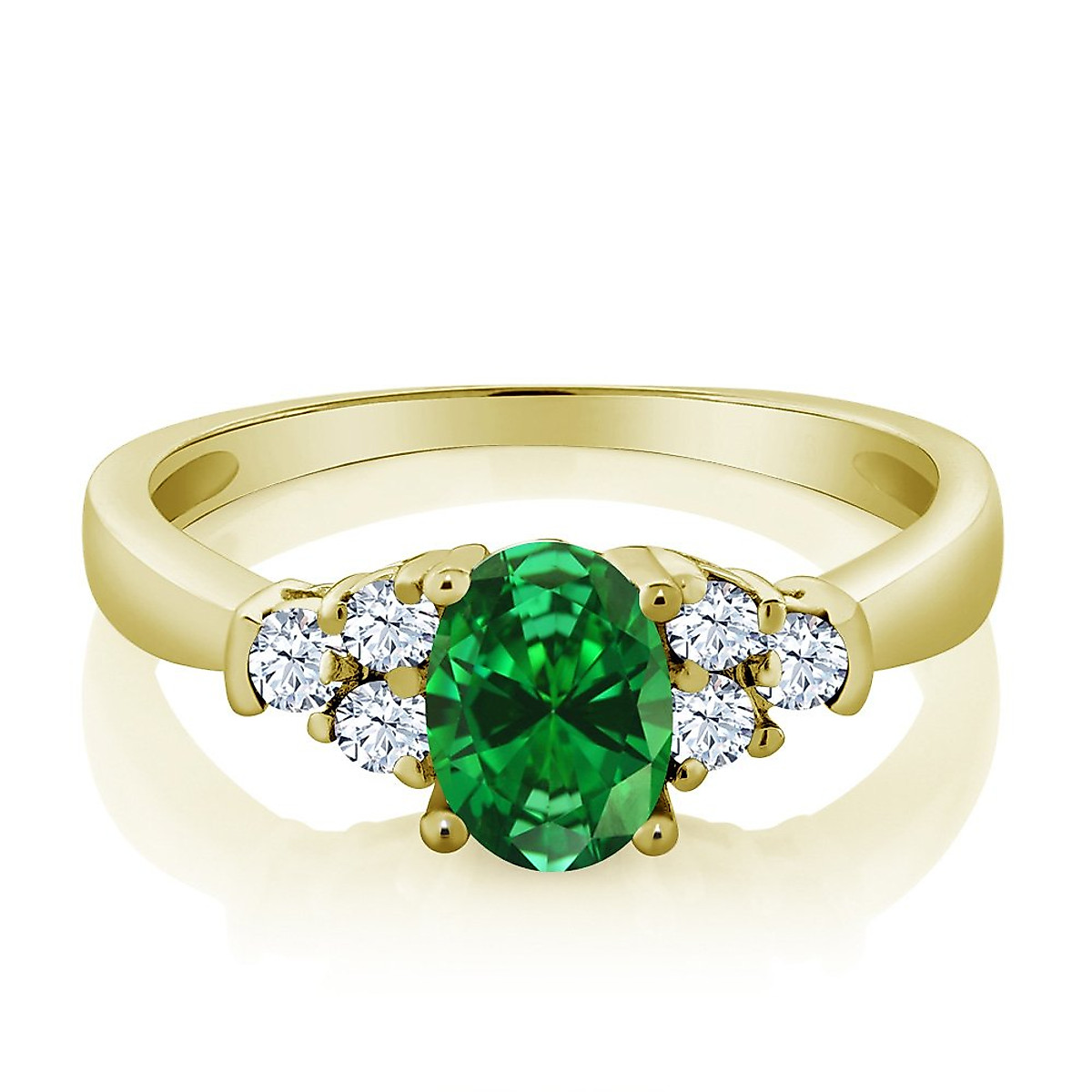 Gem Stone King 18K Yellow Gold Plated Silver Green Simulated Emerald and White Topaz Engagement Ring For Women (0.92 Cttw, Available in size 5, 6, 7, 8, 9)