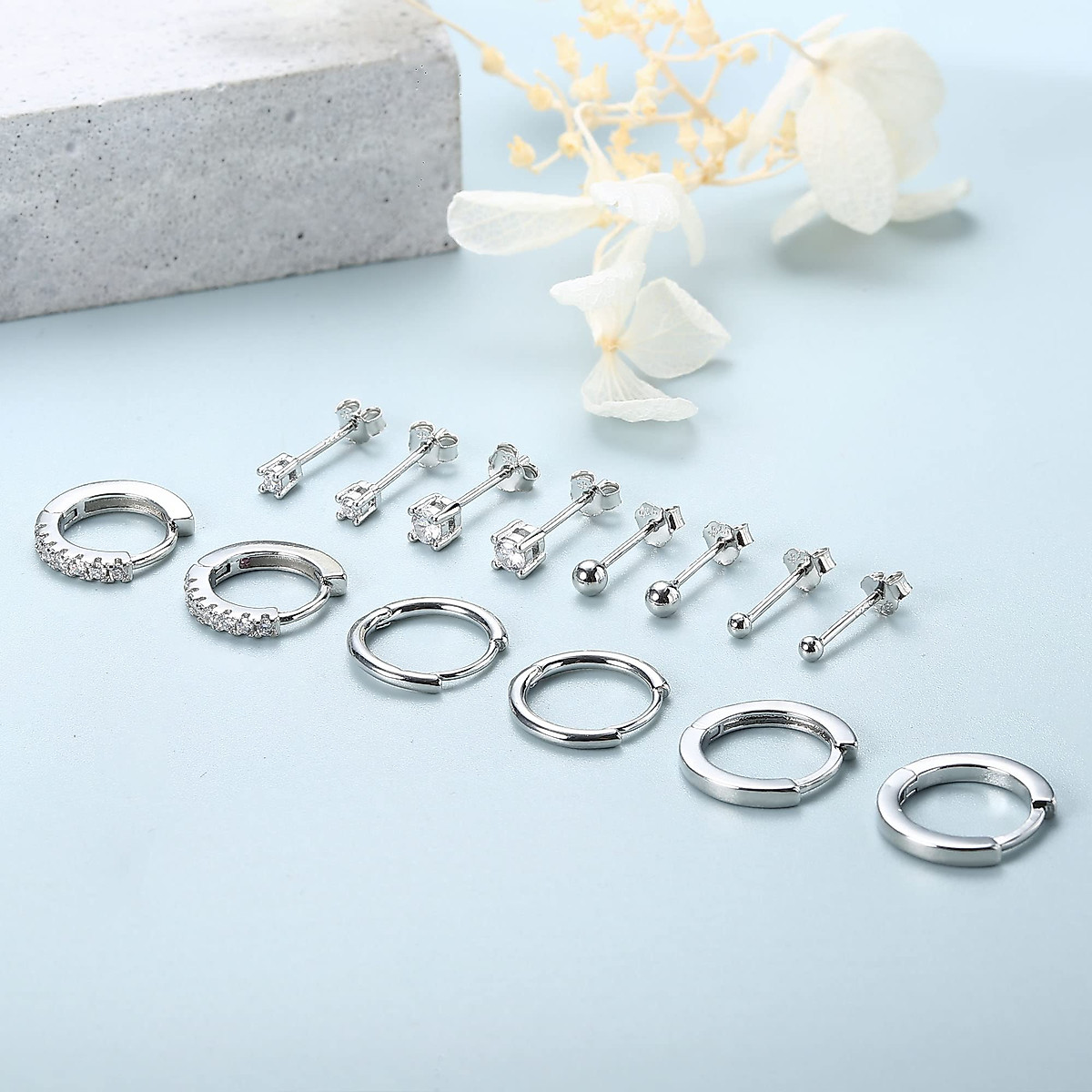 Jstyle 7 Pairs Sterling Silver Studs Earrings Set for Multiple Piercing Hoops Set Hypoallergenic Tiny Cubic Zirconia Ball Studs Earrings for Women