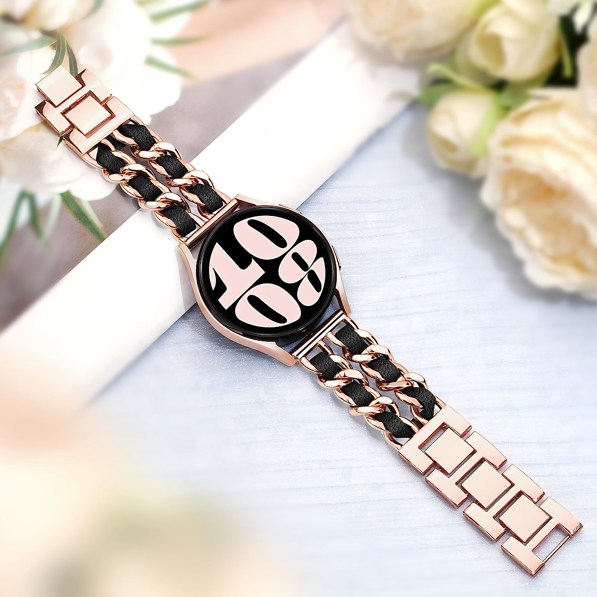 G-ficu Galaxy Watch 7 6 5 4 FE Band 20mm Chain Band for Samsung Galaxy Watch 4 5 6 7 Band 40mm 44mm, Women Metal Band for Samsung Watch Bands/5Pro/Watch 4 6 Classic/Watch 3 41mm/Active 2-Rose Gold