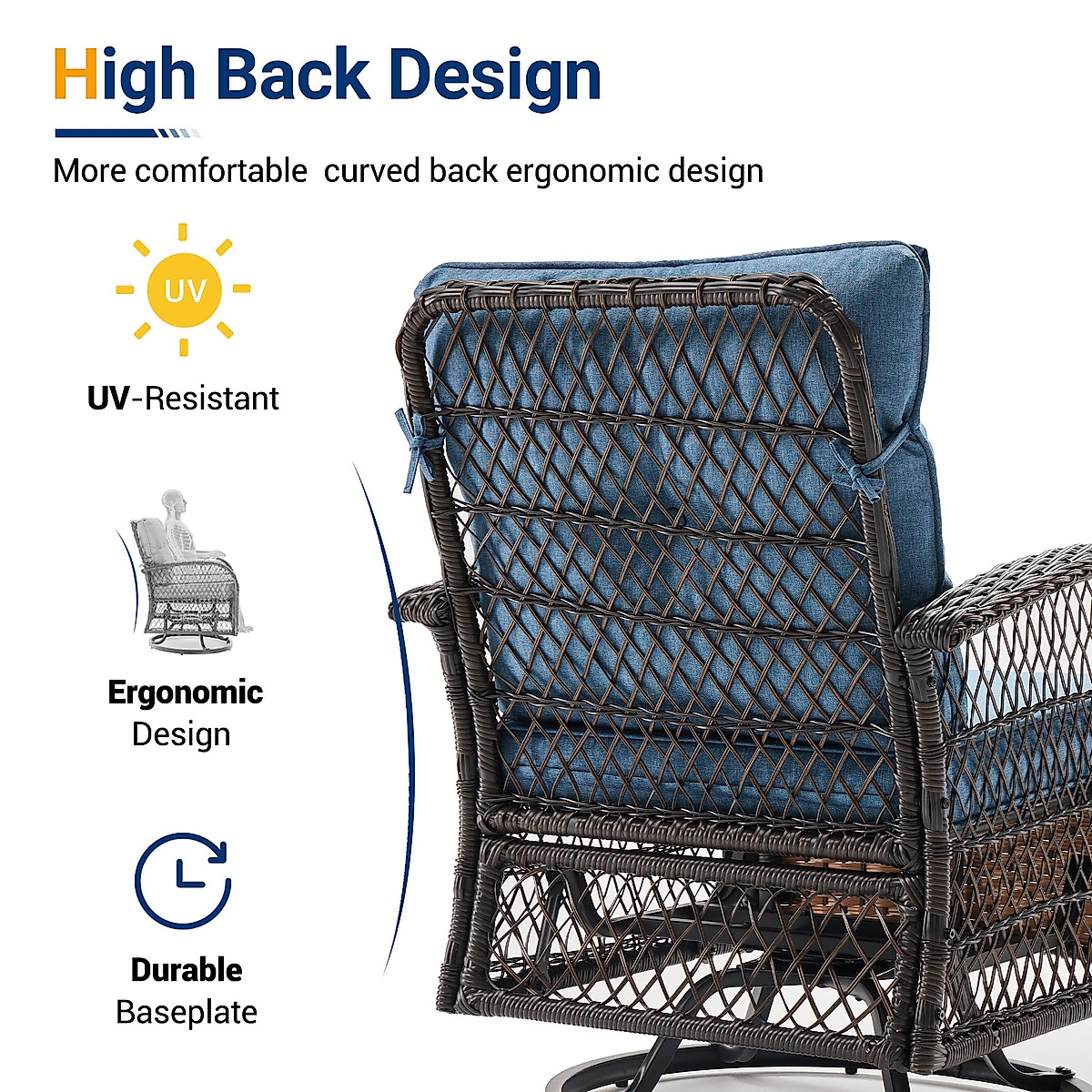 UDPATIO 3 Pieces Patio Furniture Set, Outdoor Swivel Gliders Rocker, Wicker Patio Bistro Set with Rattan Rocking Chair, Glass Top Side Table and Thickened Cushions for Porch Deck Backyard (Blue)