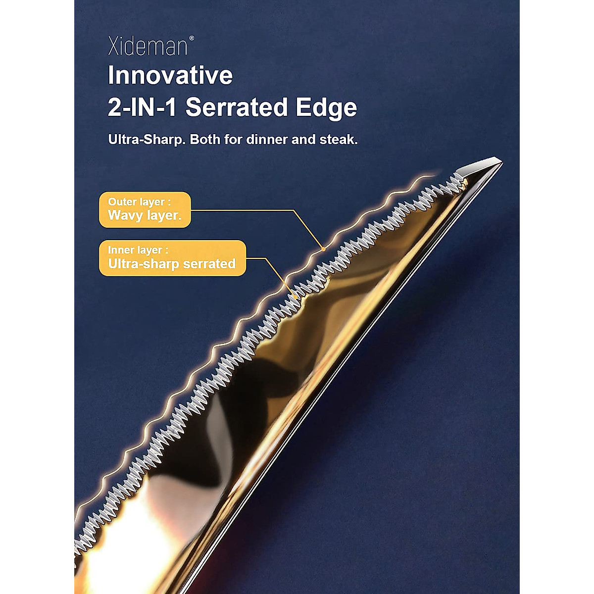 Xideman Innovative Ultra-Sharp 2-IN-1 Serrated Forged Knife For Dinner and Steak. 6 Piece High carbon Stainless Steel Steak Knife Sets, 9.14" Hammered Solid Handle Dinner Knives. (Silver Gold)