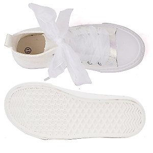 HugRain Kids Girls Sneakers Walking Shoes Bowknot Pearl Ribbon Lace Up Adorable Sparkle Glimmer Glitter Lightweight High Top Classic Non-Slip Outdoor White Size 2