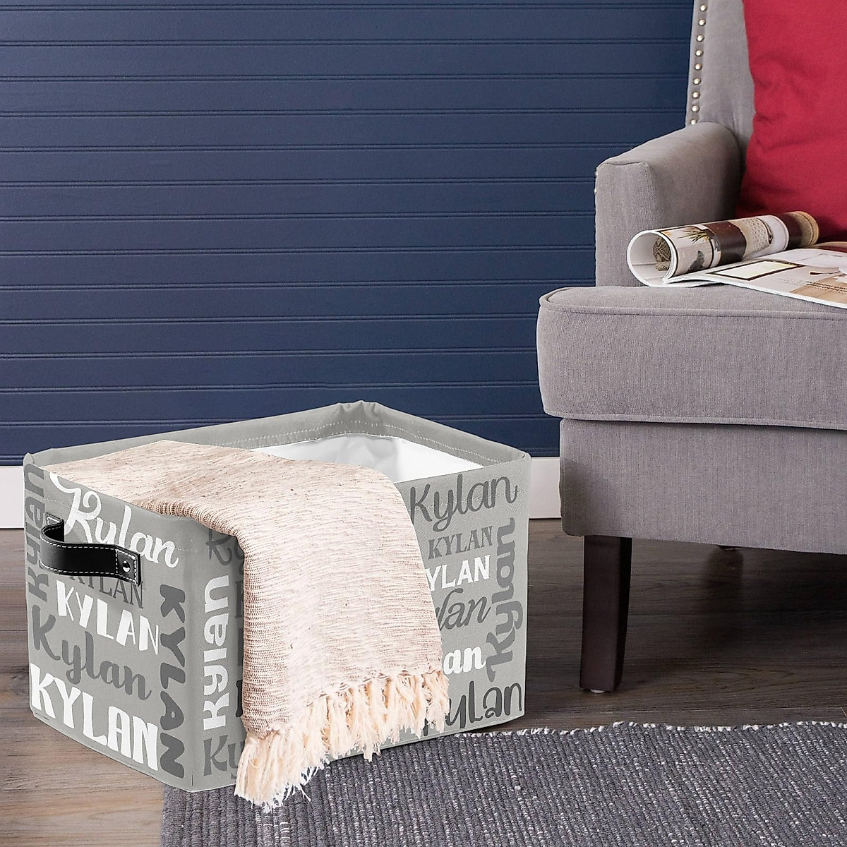 Text Gray Fabric Storage Basket for Organizing Closet Shelf Nursery Toy Decorative Closet Organizers with Handles Cubes