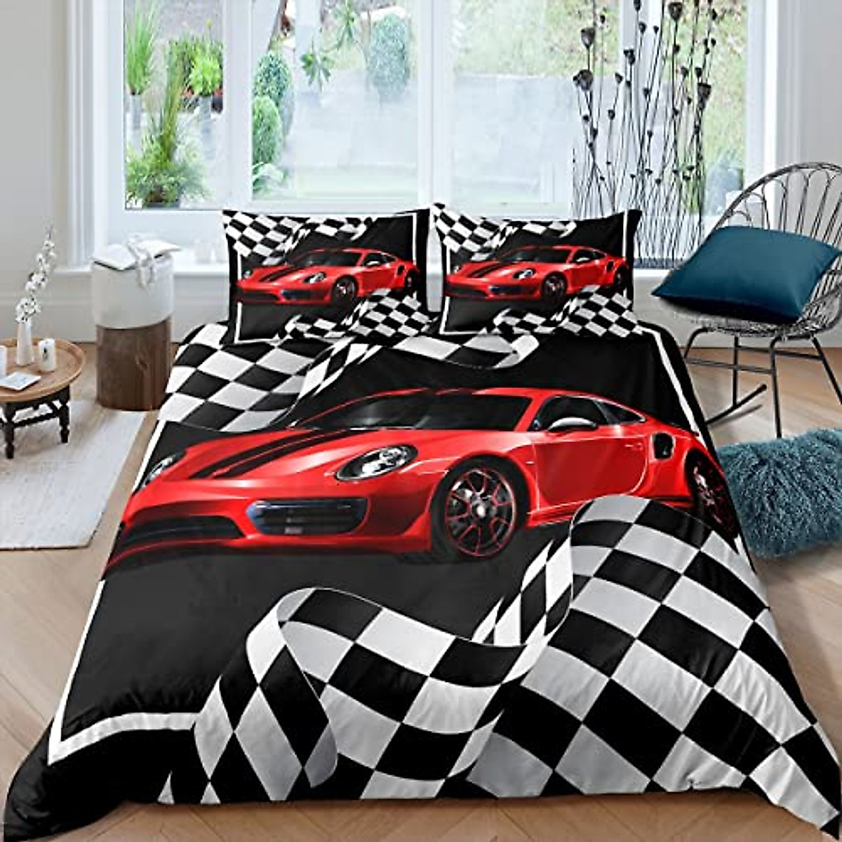Manfei Red Race Car Duvet Cover Set King Size Black and White Grid Bedding Set 3pcs for Kids Teens Room Decor,Black Extreme Sport Comforter Cover Soft Breathable Quilt Cover with 2 Pillowcases