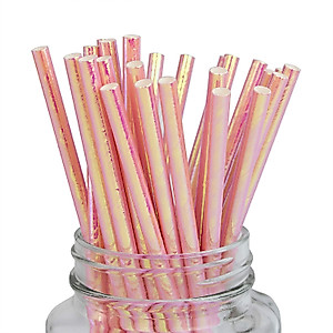 Iridescent Pink Paper Drinking Straws - Box of 100 Biodegradable Pearl Foil Straws for Milk, Juice, Swizzle Sticks for Treat Display Party Decor
